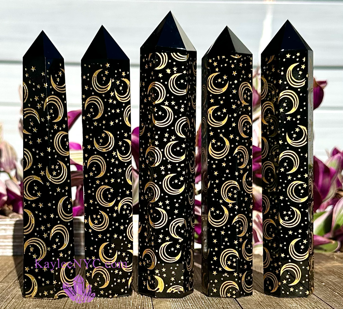 5 pcs Natural Black Obsidian Moon Obelisk Tower Point – Plant Love ...